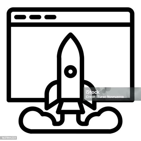인터넷 시작 브라우저 창 줄 아이콘입니다 로켓 발사가 있는 웹 페이지입니다 정보 기술 벡터 디자인 개념 윤곽선 스타일 픽토그램 흰색 사용 및 앱 Eps 10 발사대에 대한