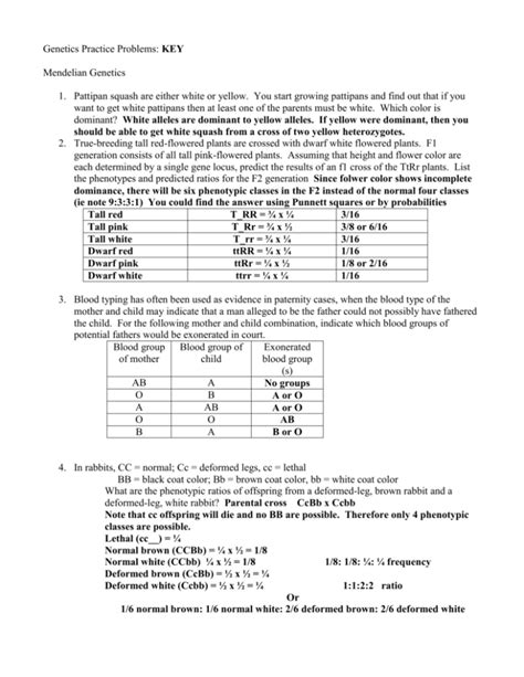 Genetics Practice Problems I Key
