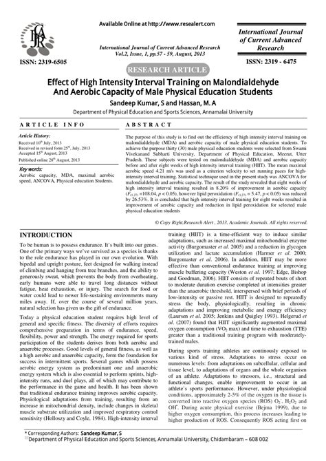 Pdf Effect Of High Intensity Interval Training On Melondialdehyde Aerobic Power And Anaerobic