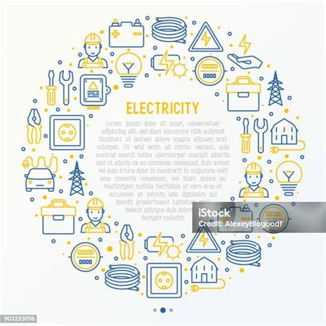 얇은 선 아이콘 원에 전기 개념 전기 전구 철 탑 도구 상자 케이블 전기 자동차 손 태양 전지 배너 웹 페이지 인쇄 매체에 대 한 벡터 일러스트 가정 생활에 대한 스톡 벡터