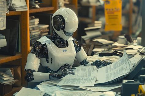 Robot Sorting And Analyzing Documents Stock Image Image Of Digital