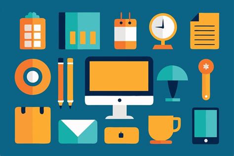 Set Of Computer Icons Office Objects And Office Desk Table Vector