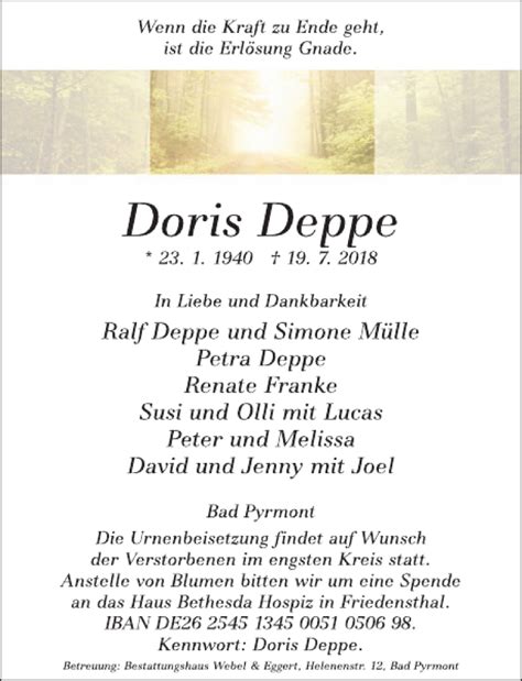 Traueranzeigen Von Doris Deppe Trauerportal Ihrer Tageszeitung
