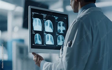 Doctor Reviewing X Ray Images On A Digital Screen In A Sterile Clinical