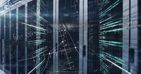 Glowing Server Rack In Data Center Corridor With Led Lights Binary Streams Mathematical