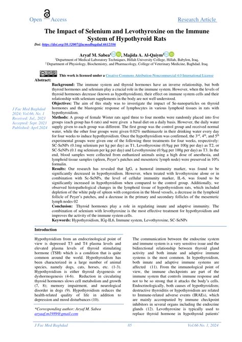 Pdf The Impact Of Selenium And Levothyroxine On The Immune System Of Hypothyroid Rats