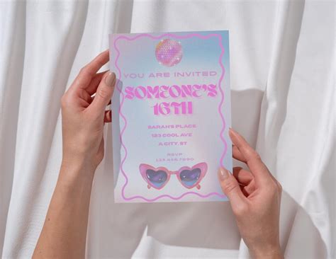 Pink Disco Holographic Birthday Invitation Etsy