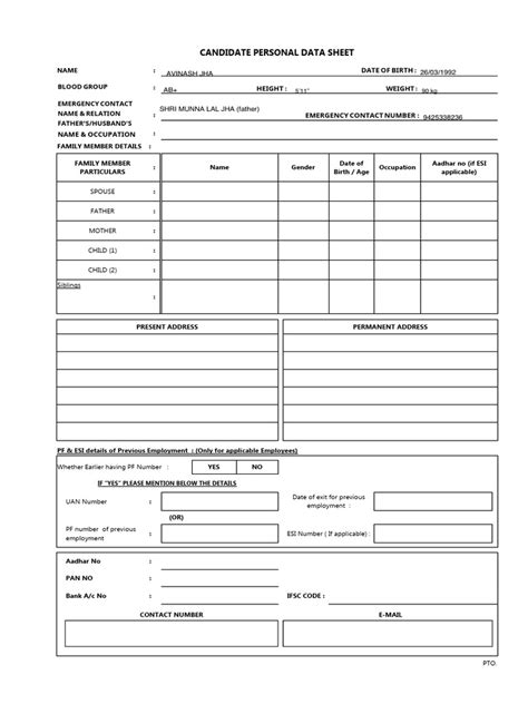 Candidate Personal Data Sheet Pdf
