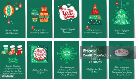 축 하 크리스마스와 새 해 인사말 카드의 평면 벡터 집합입니다 선물 상자 크리스마스 나무 양말 눈송이 그린 엽서 화려한 휴가 포스터 나무에 대한 스톡 벡터 아트 및 기타