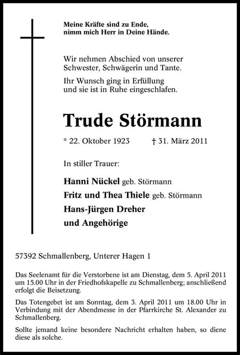 Traueranzeigen Von Trude Störmann Trauer In Nrw De