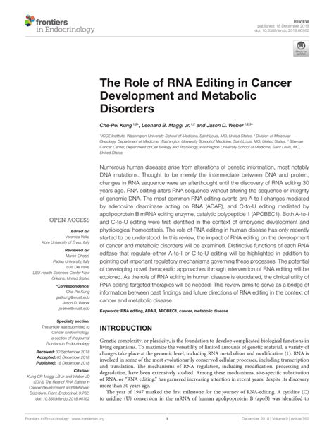 Pdf The Role Of Rna Editing In Cancer Development And Metabolic Disorders