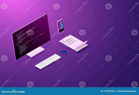 Program Development And Coding Mobile App Design Laptop With Virtual Interactive Screens And