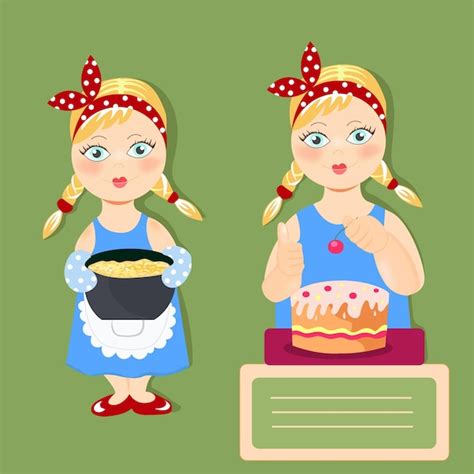 Duas Lindas Garotas Cozinham Pratos Deliciosos Vetor Premium