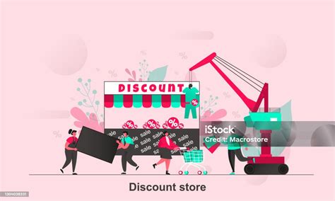 플랫 스타일로 할인 스토어 웹 컨셉 디자인 구매 장면 시각화와 행복한 고객 할인 백화점 판매 작은 인물 캐릭터가 있는 벡터 일러스트레이션 Advertising Week에