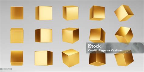 회색 배경에 격리 된 3d 골드 금속 큐브 조명과 그림자가 있는 원근면에서 서로 다른 각도로 회전하는 광택 있는 골든 3d 박스 모델을 렌더링합니다 사실적인 벡터 기하학적