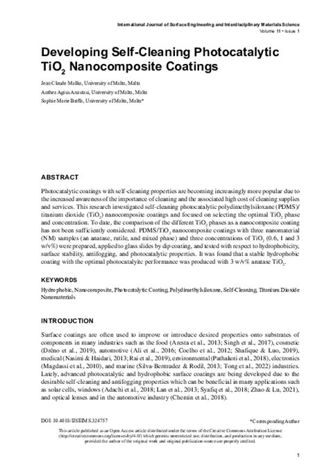 pdf developing self cleaning photocatalytic tio2 nanocomposite