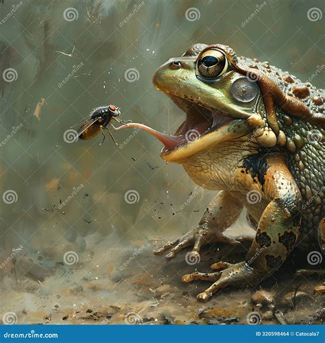 Fat Green Frog Catches A Big Black Fly With A Long Tongue Stock