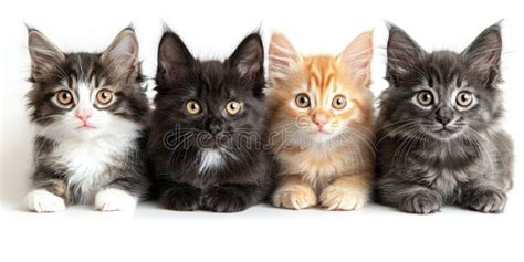 Four Adorable Fluffy Kittens In Various Colors Posing Together On A