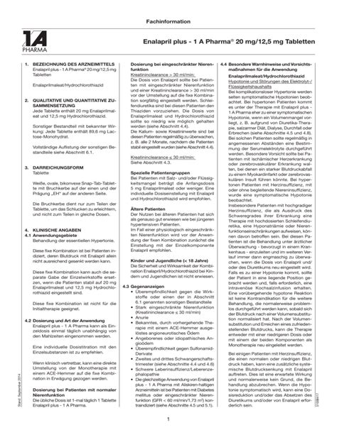 Enalapril Plus 1 A Pharma® 20 Mg125 Mg Tabletten