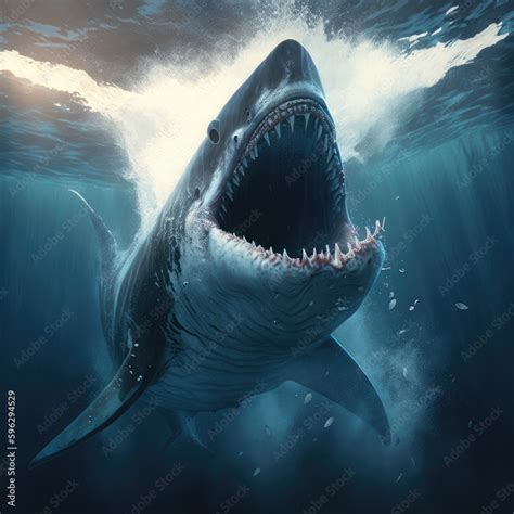 Megalodon Underwater Extinct Animal 3d Illustration Shark Stock