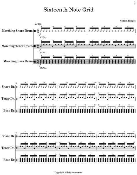 Sixteenth Note Grid Sheet Music For Marching Bass Drums