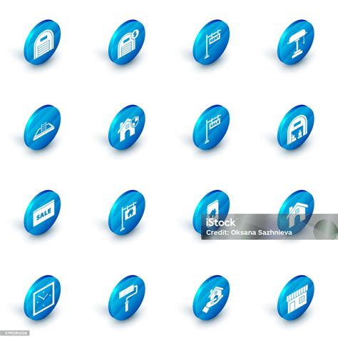 달러 기호가 있는 창고를 설정하고 행잉 사인 텍스트 임대료 테이블 램프 수영장 사다리 온라인 판매 집 방패 및 아이콘을 설정합니다 벡터 3차원 형태에 대한 스톡 벡터 아트