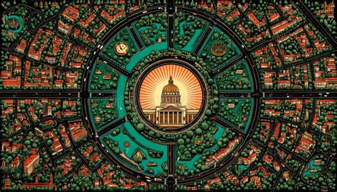Circular City Map Illustration With Architectural Centerpiece Roads