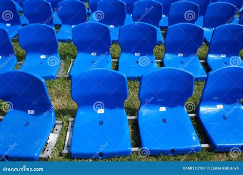 Blue Platform Seats On Grass Stock Image Image Of Outdoor Plastic