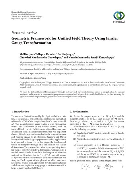 Pdf Geometric Framework For Unified Field Theory Using Finsler Gauge