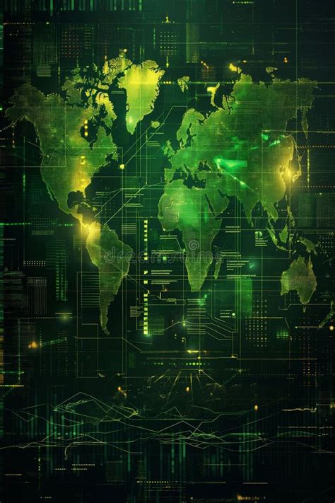Futuristic Digital World Map With Glowing Green Data Points And Copy Space Digital Technology