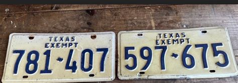 Vintage 1980s Texas Exempt License Plates Lot Of 2 Blue On White 781