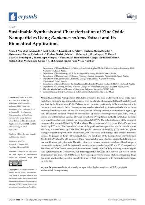 Pdf Sustainable Synthesis And Characterization Of Zinc Oxide Nanoparticles Using Raphanus