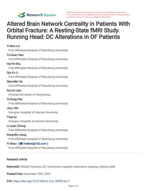 Pdf Altered Brain Network Centrality In Patients With Orbital Fracture A Resting State Fmri