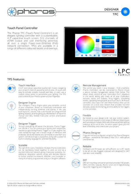 datasheets and specs — pharos controls