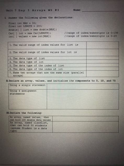 solved name unit 7 day 1 arrays ws 1 i answer the following