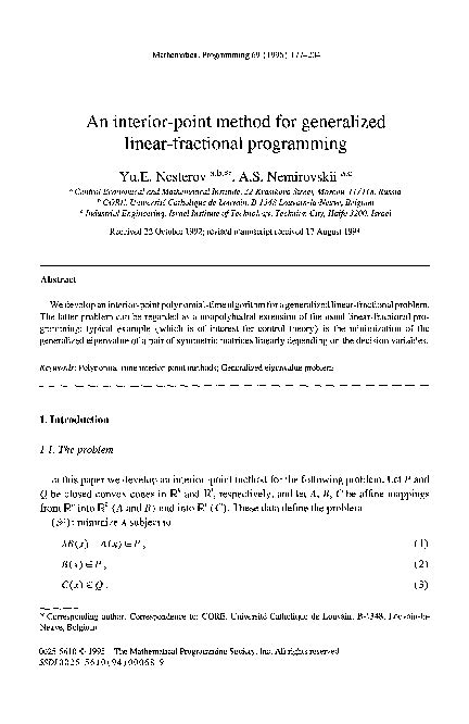 Pdf An Interior Point Method For Generalized Linear Fractional Programming