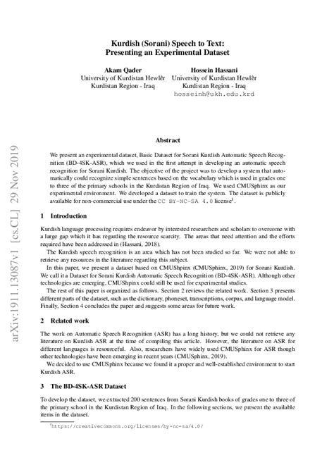 Pdf Kurdish Sorani Speech To Text Presenting An Experimental Dataset