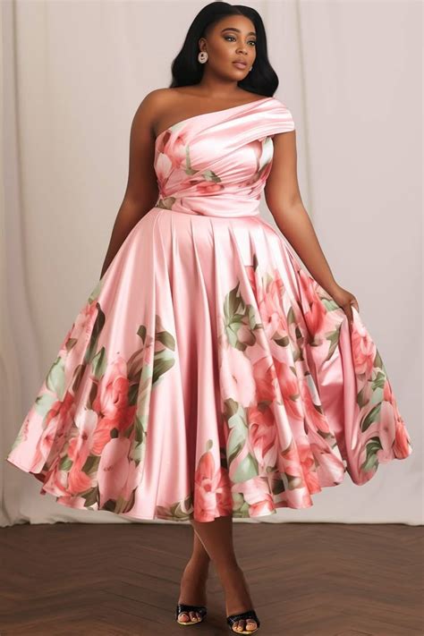 Xpluswear Design Plus Size Semi Formal Pink One Shoulder Satin Maxi