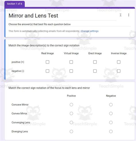Physics Mirror And Lens Test On Google Form By Teach Simple