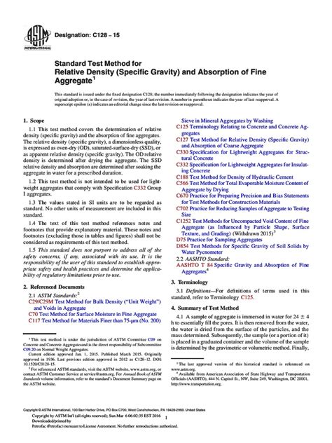 Astm C128 15 Standard Test Method For Relative Density Specific Gravity And Absorption Of