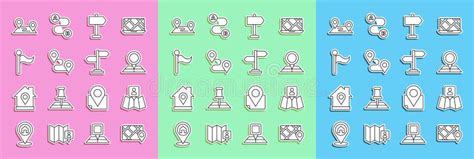 Set Line Gps Device With Map Folded Location Marker Road Traffic Sign Route Flag And Icon