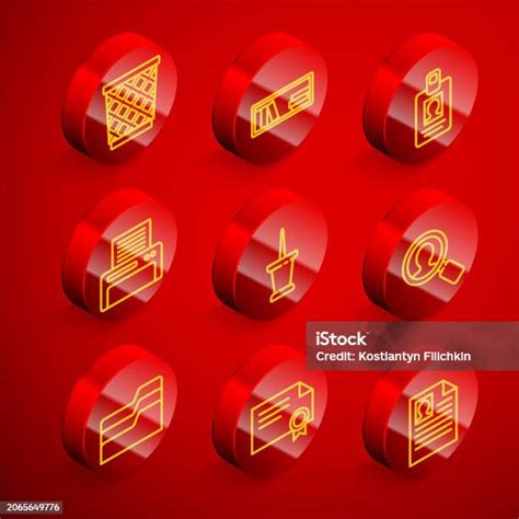 휴지통 책이 있는 선반 신분증 배지 프린터 푸시 핀 사람 검색을 위한 돋보기 문서 폴더 및 인증서 템플릿 아이콘을 설정합니다 벡터 3차원 형태에 대한 스톡 벡터 아트 및