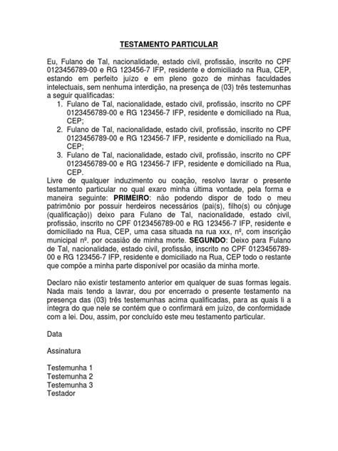 Modelo De Testamento Particular Wood Scribd Braxin