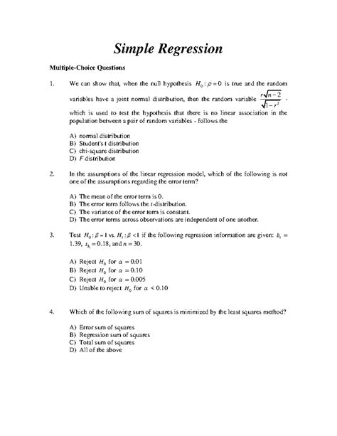 Regression Problems Multiple Choice Questions We Can Show That When