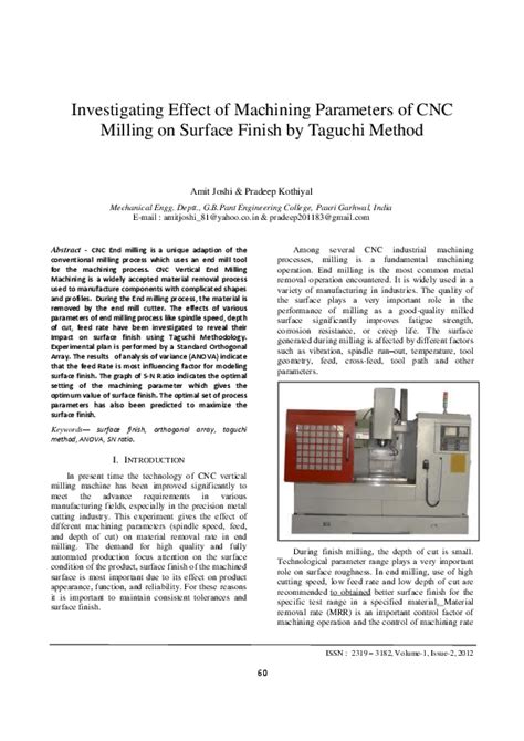 pdf investigating effect of machining parameters of cnc milling on
