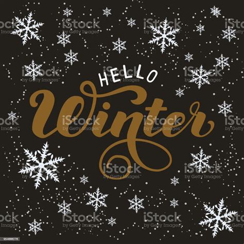 손 그린된 타이포 그래피 레터링 문구 안녕하세요 겨울 눈송이와 어두운 배경에 고립 겨울 초대 카드 인쇄 등 인사에 대 한 브러시 잉크 서 비문 12월에 대한 스톡 벡터 아트