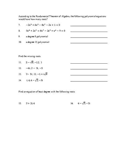 polynomials rational root theorem complex and radical zeros with