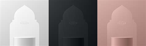 라마단 카림 3d 연단 배경의 블랙 실버 핑크 골드 와 게이트 모스크 모양 장면 세트 이슬람 이드 알 아드하 무바라크 축제 배너