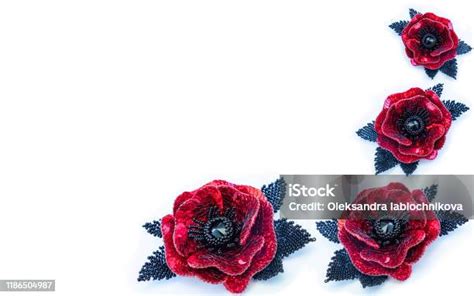 고급 수제 브로치 패션 쥬얼리 빨간색과 검은 양귀비 꽃 프레임 흰색 배경 고립 된 복사 공간 브로치에 대한 스톡 사진 및 기타