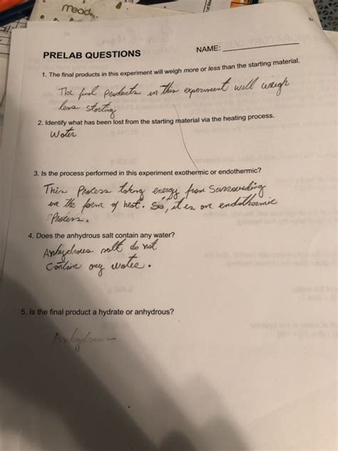 Prelab Questions Name 1 The Final Products In This